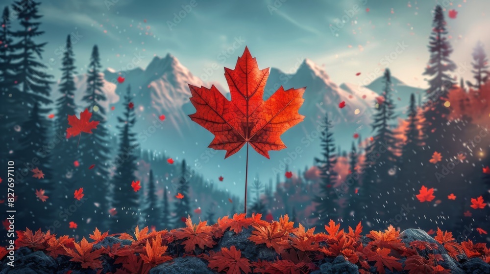 Watercolor illustration. Canada Day. Maple leaf against a background of mountains, forest trees ...