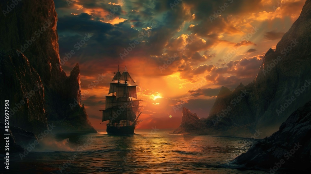 A majestic old-fashioned sailing ship with multiple masts and sails is ...