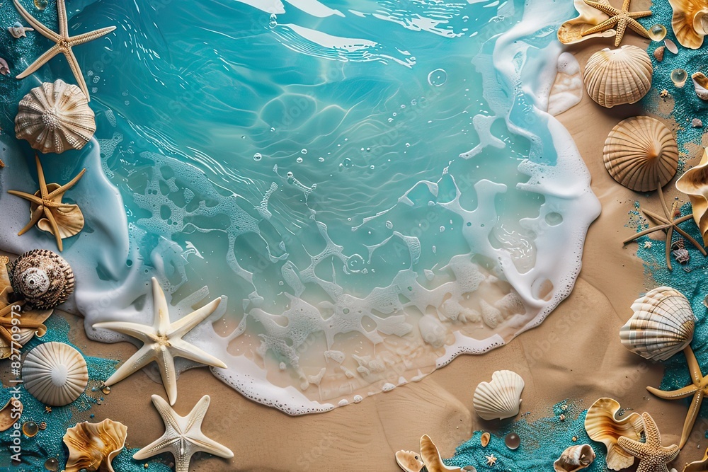 Beach background with a blue ocean, starfish and a bunch of seashells ...