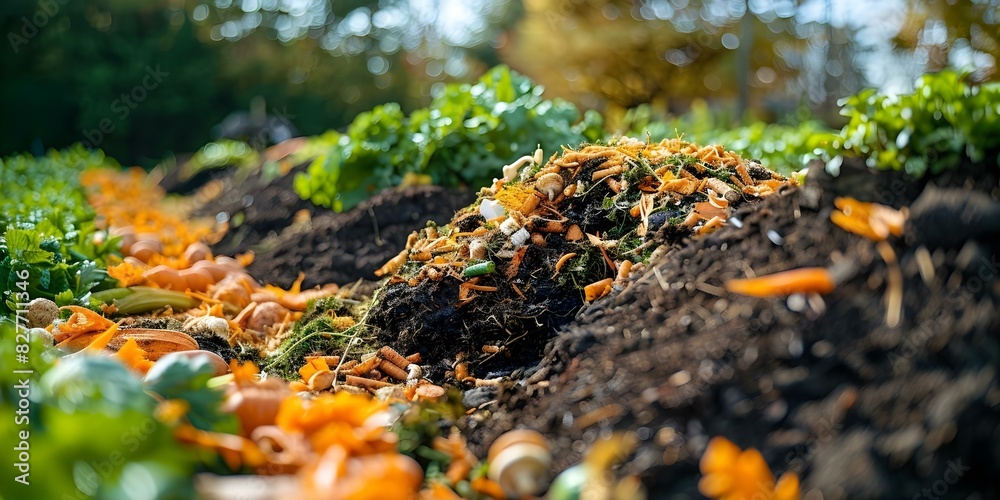 Closeup of community gardens compost pile repurposing food waste for ...