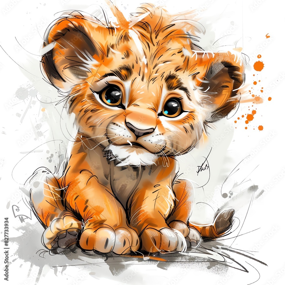 Cute cartoon lion cub with big eyes and fluffy mane sitting on white ...