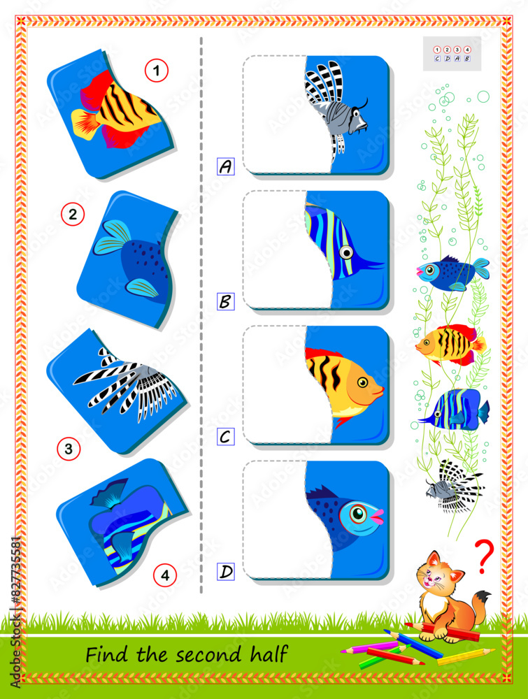 Logic puzzle for children. Find and draw second half of each fish ...