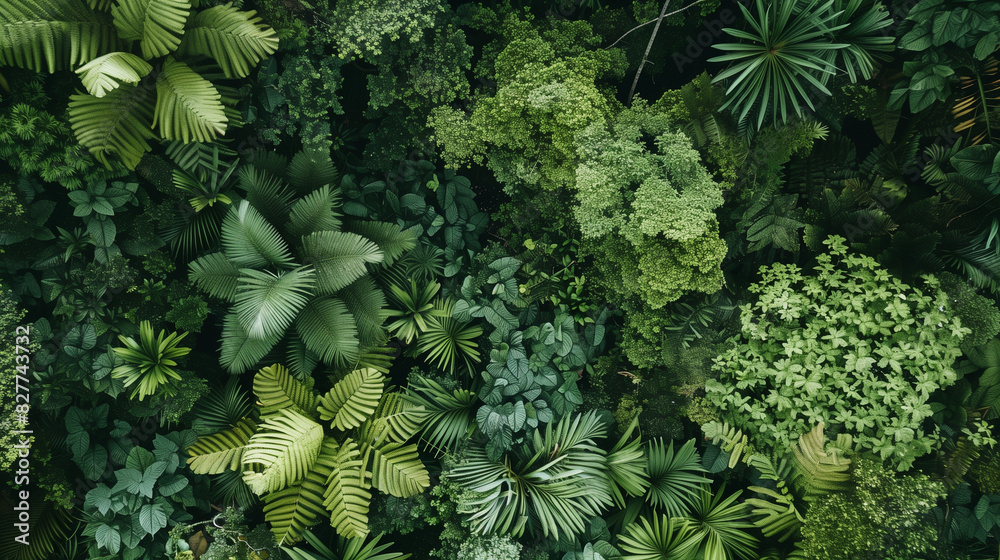 Deep in the forest, green vegetation creates living nature. A variety ...