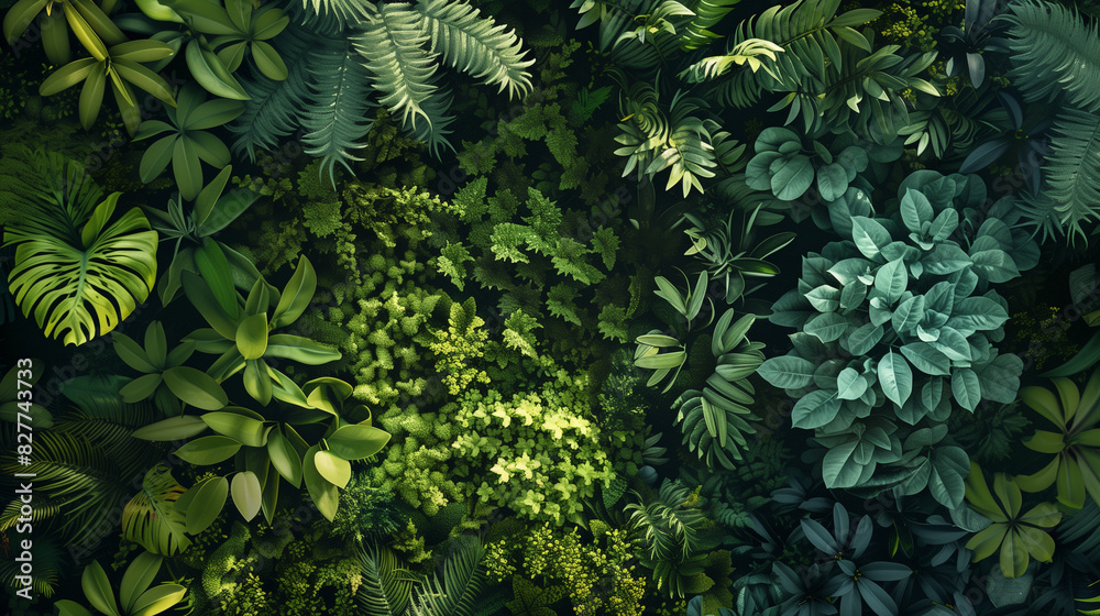 Deep in the forest, green vegetation creates living nature. A variety ...