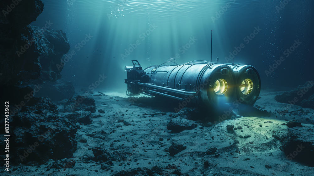 In the darkness of the ocean depths, the submarine illuminates its ...