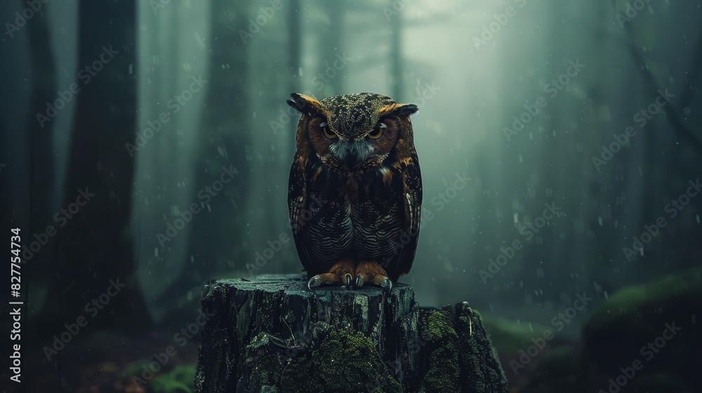 An owl perches atop a tree stump, amidst a forest shrouded in fog Rain ...