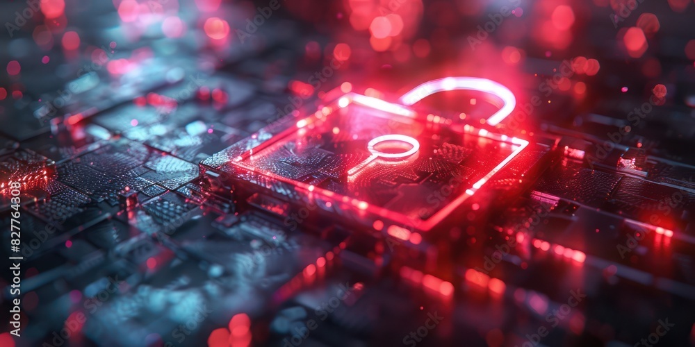 Digital security background with a glowing red open lock representing ...