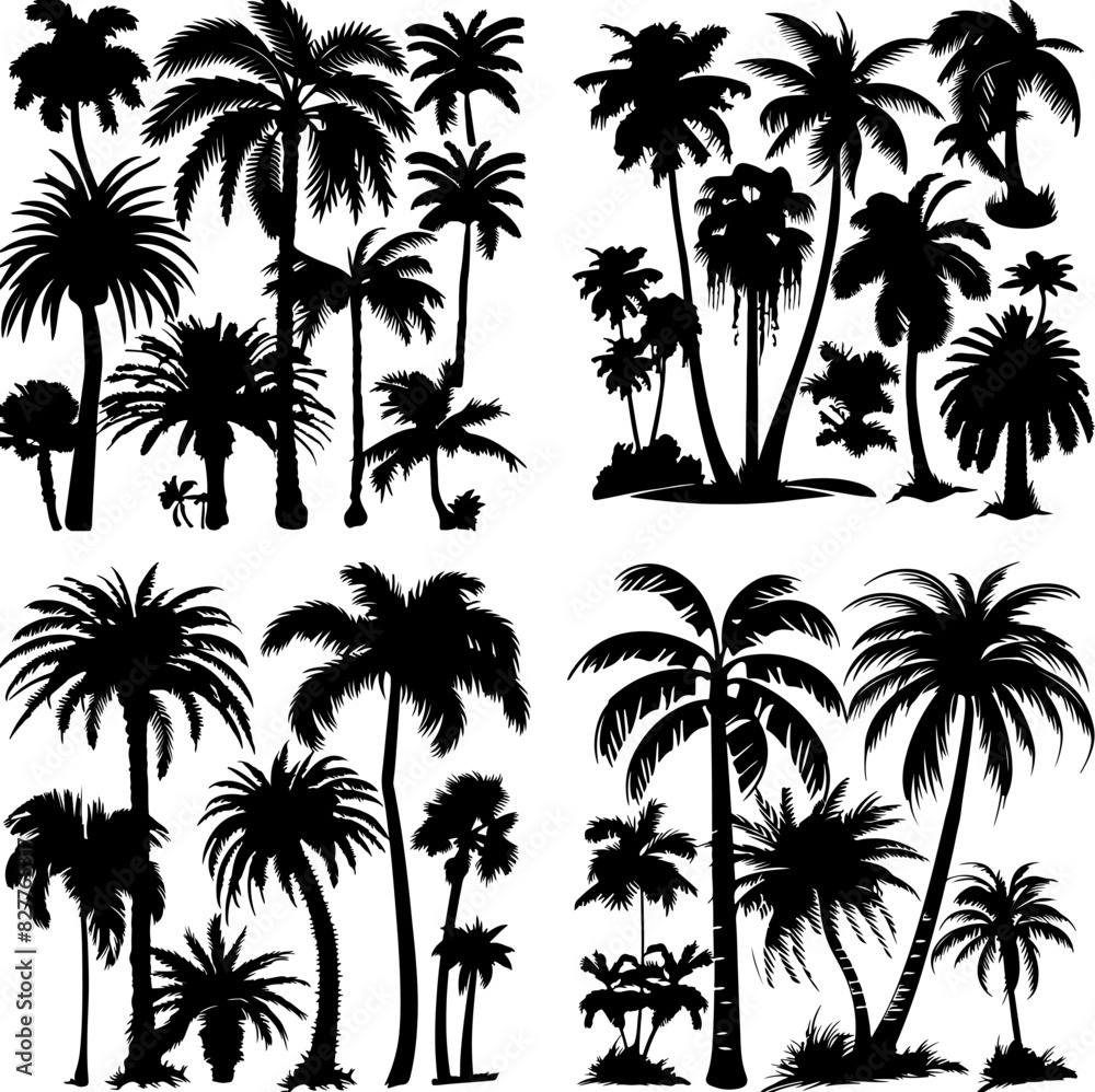 palm pine tree silhouette black set tropics hawaii graphic paradise ...