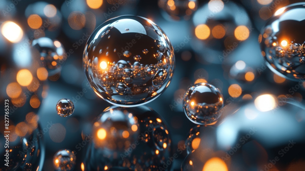 Metallic Spheres: A cluster of reflective metallic spheres floating in space. Uses a dark ...