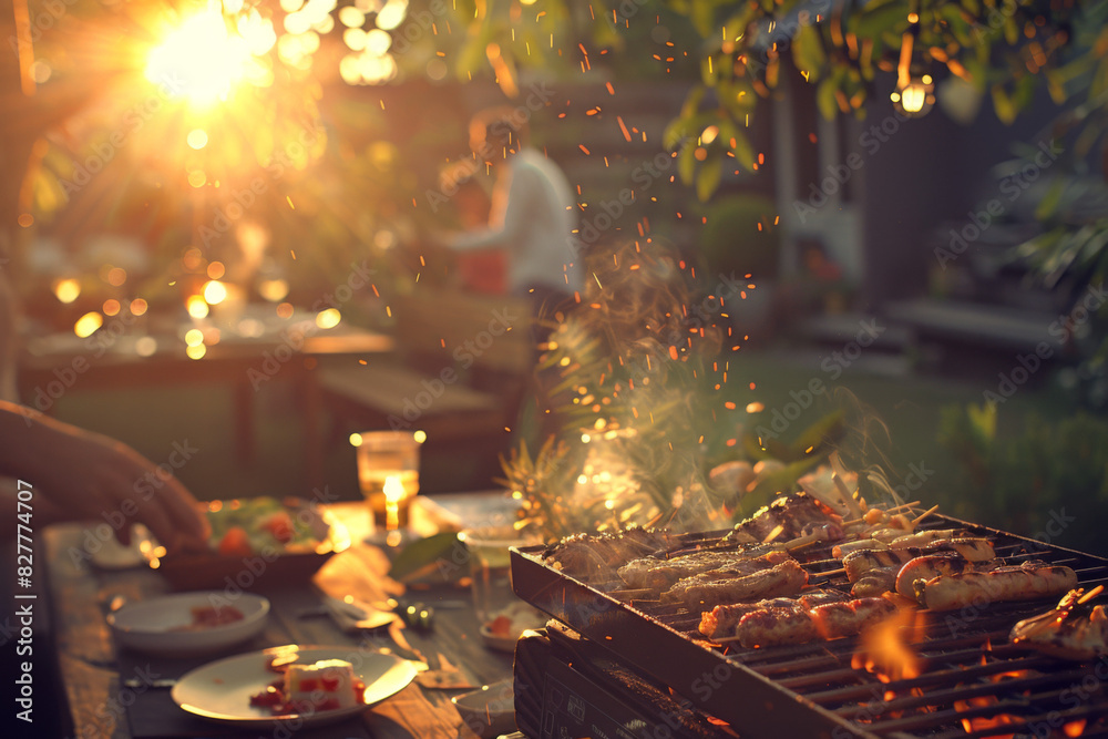 key visual of an outdoor barbecue grill with flames and food on the ...