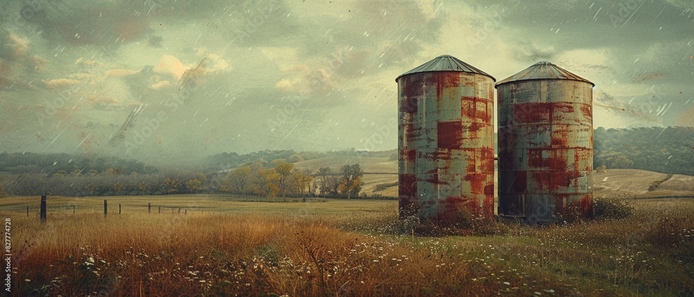 Vintage style farm scene with steel silos, muted colors, and an aged ...