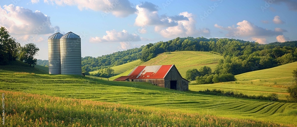 Scenic farmland with large steel silos and a barn, rolling green hills ...