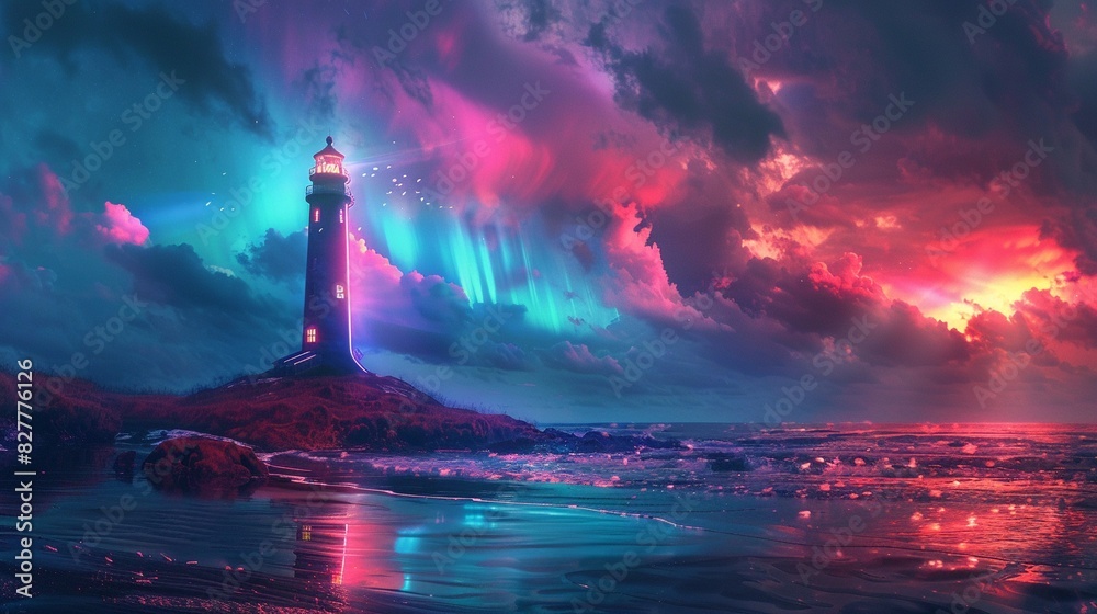 Futuristic lighthouse with neon lights under a digitally enhanced ...