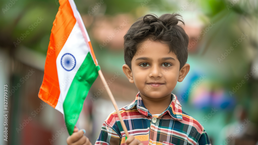 young Indian boy holding Indian flag, Independence day celebration ...