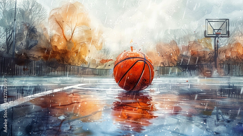 Watercolor painting of a basketball on an outdoor court, soft brush ...