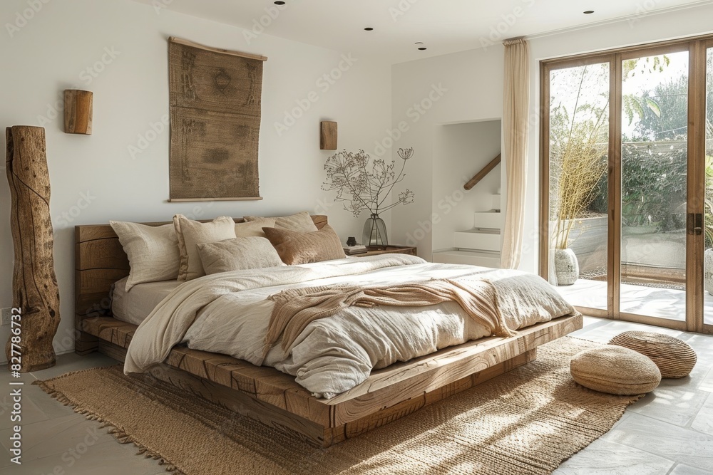 Bedroom with Neutral Textiles and Wood Accents Neutral textiles, wooden ...