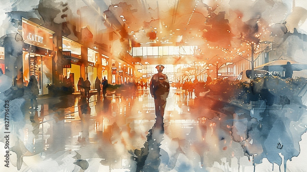 Watercolor painting of a security officer in a mall, soft brush strokes ...