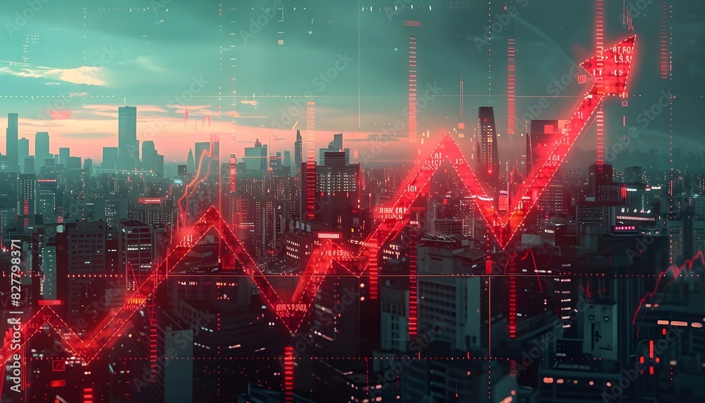 large red arrow pointing upwards symbolizes rising inflation, signs ...