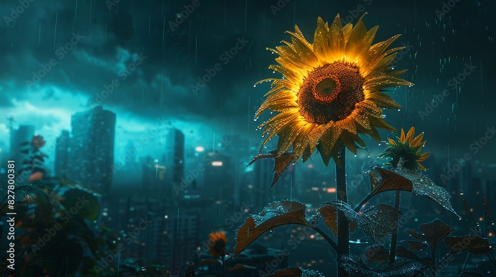 Cyberpunkthemed wilted sunflower with neon highlights, set against a ...