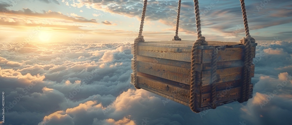 Large wooden crate suspended in midair by ropes, floating above the ...