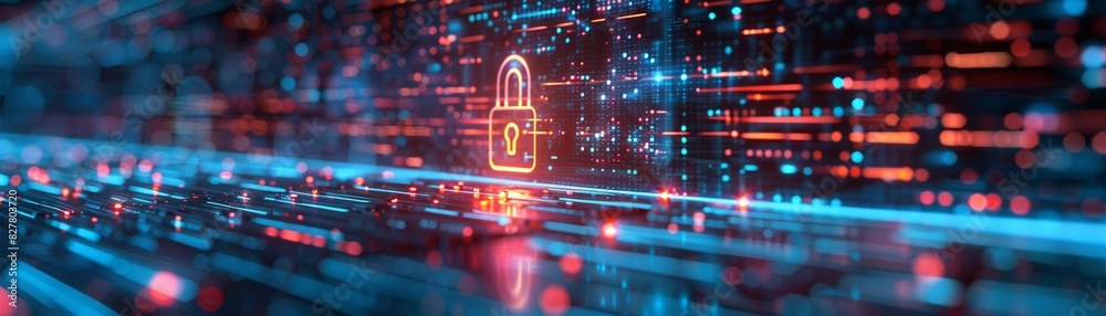 Illustration of a lock in a neon cyber grid, glowing blue lines and ...