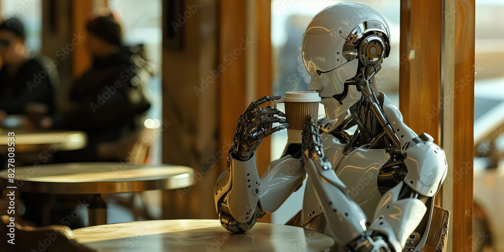 A cyborg, their metallic limbs gleaming in the light, casually sips ...