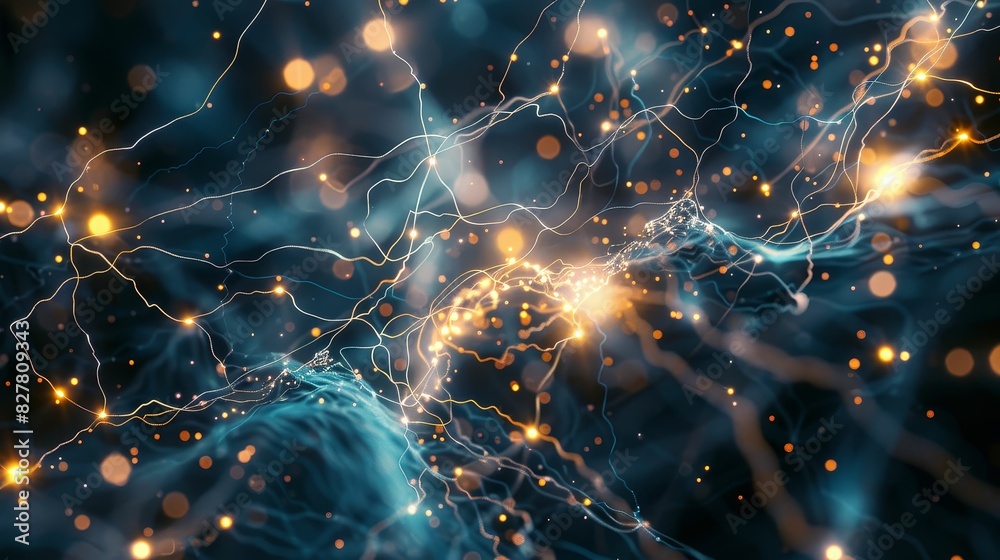 Intricate network of brain cells interconnected by glowing synapses ...