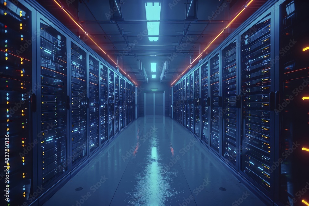 Digital storage room, front view with stacked servers, soft blue ...