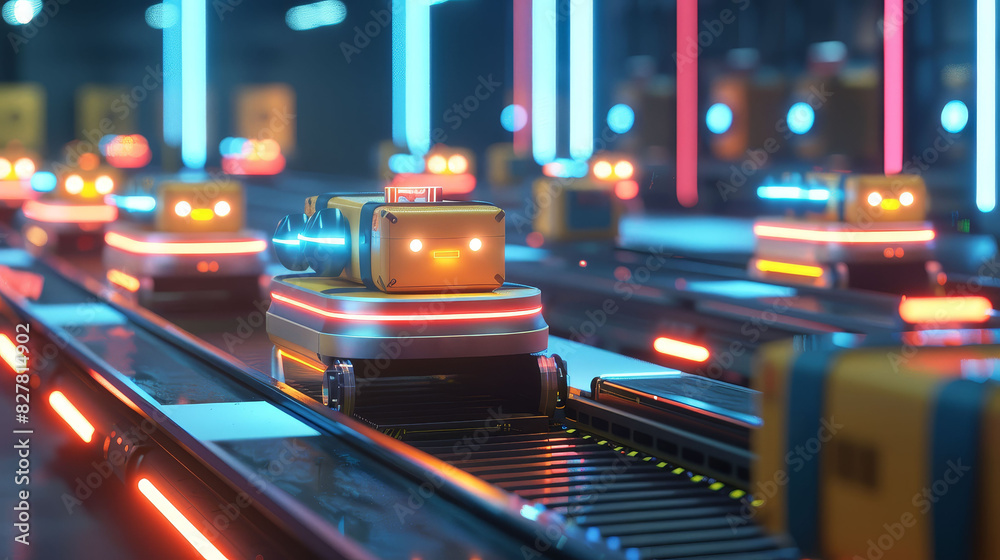 Futuristic warehouse robots labeling, routing, and stacking packages ...