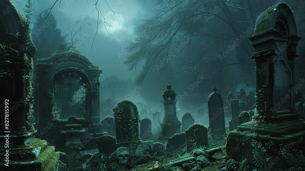 Forgotten family crypt shrouded in mist, with moss-covered gravestones ...