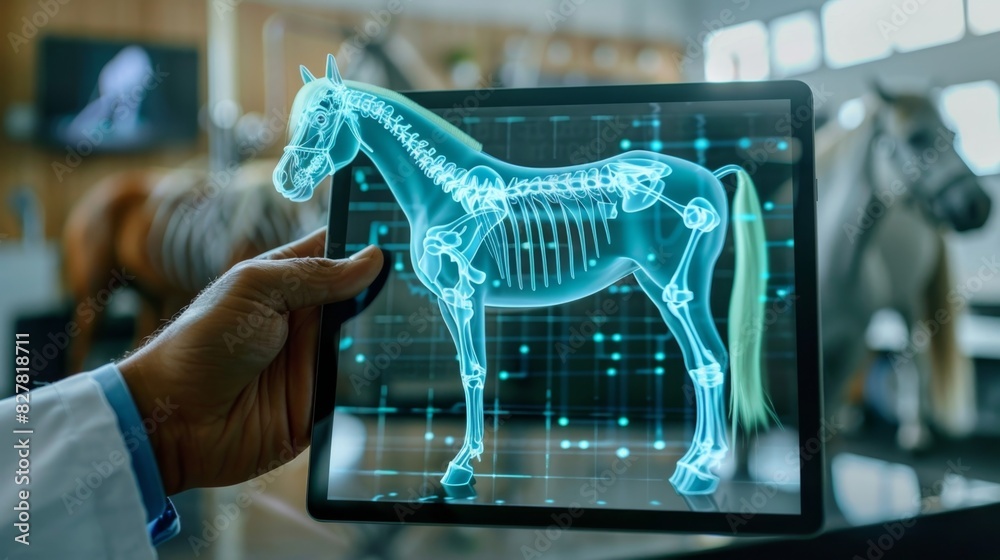 A vet holding a tablet that displays a 3D model of a horses anatomy ...