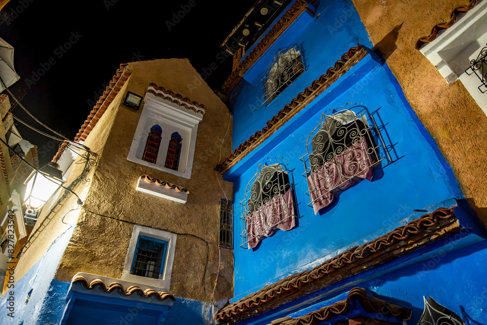 Night in Medina alleys and stairs of Chefchaouen, the famous Blue Pearl ...