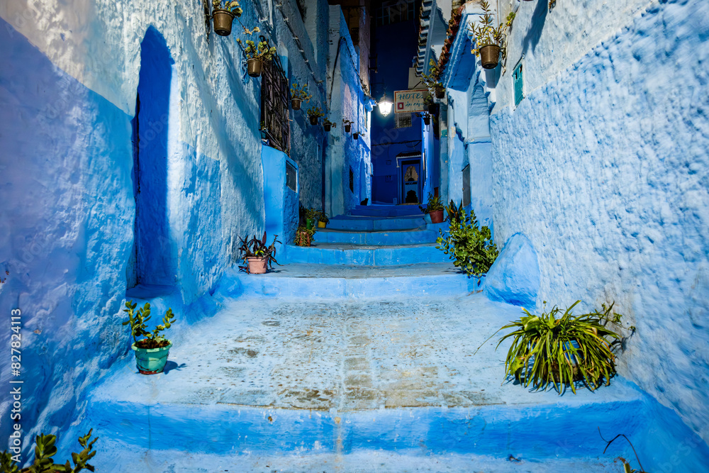 Night in Medina alleys and stairs of Chefchaouen, the famous Blue Pearl ...