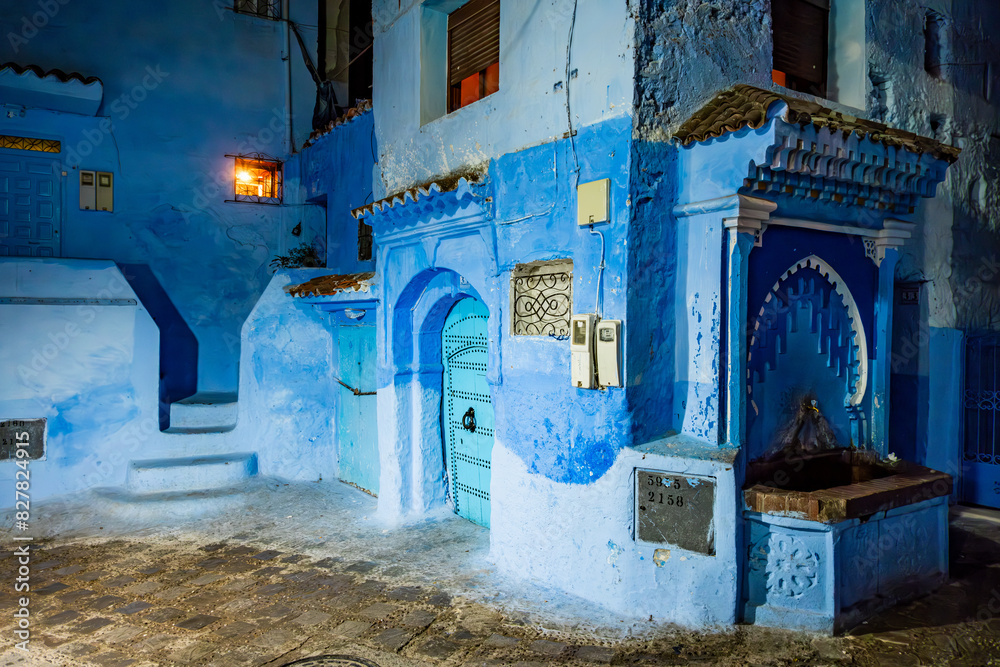 Night in Medina alleys and stairs of Chefchaouen, the famous Blue Pearl ...