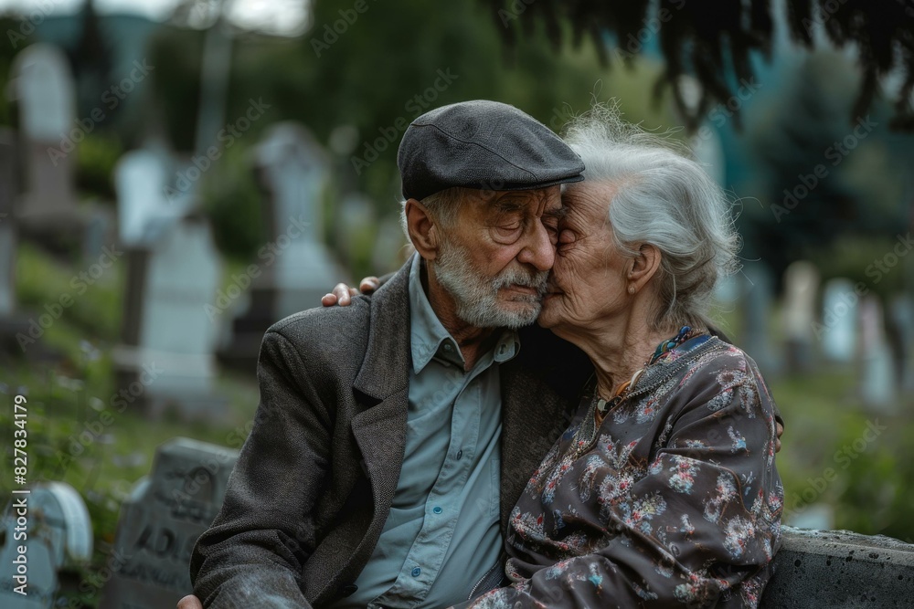Elderly couple in emotional embrace at cemetery, symbolizing grief ...