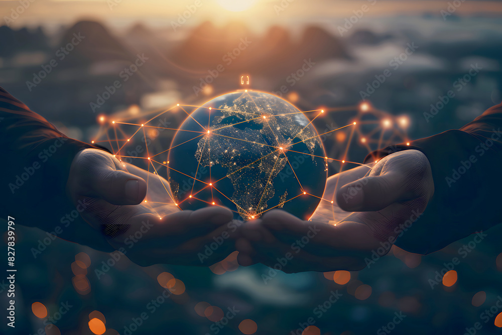 Businessman Holding Earth Globe with Glowing Digital Network ...