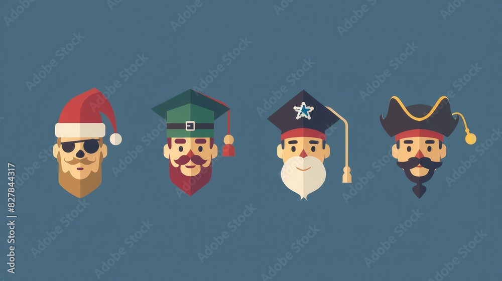 Cartoon flat and monochrome hat icons of a graduate Santa police ...
