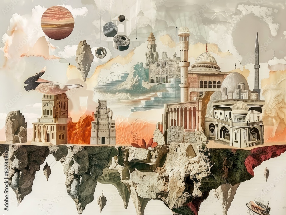 An imaginative collage art piece using elements of surrealism, such as ...