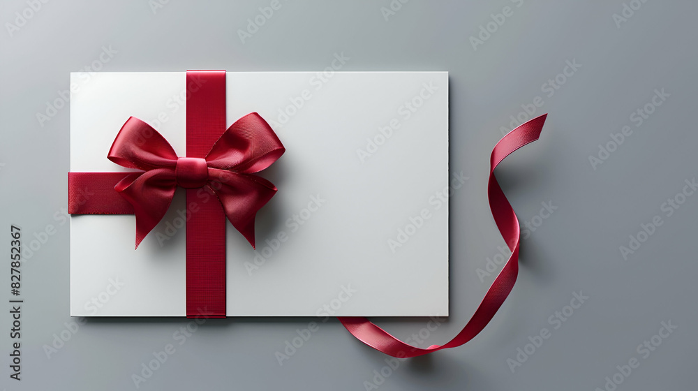 Blank white gift voucher with red ribbon bow or empty gift signboard ...