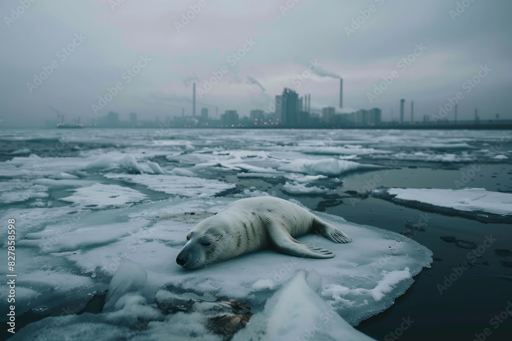 dying seal among melting glaciers amid polluting industry. Global ...