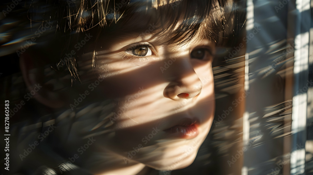 Portrait of a child looking out of a window, with light streaming in ...