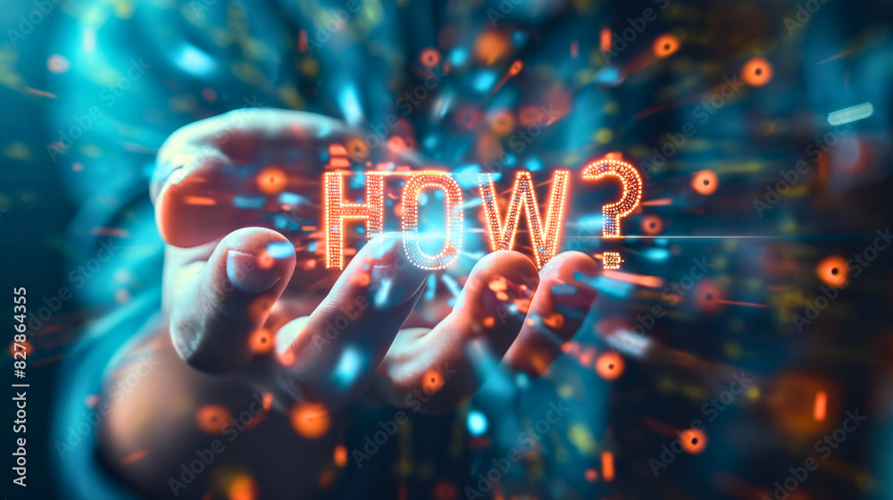 Text question mark how floating above businessman hand. Answer the ...