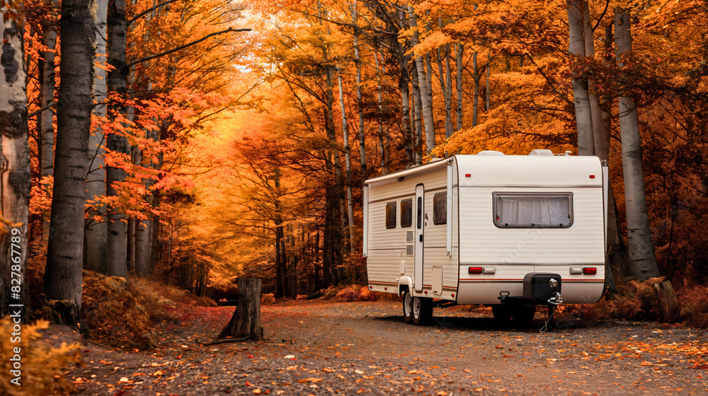 Travel trailer parked in forest wilderness nature in autumn or fall ...