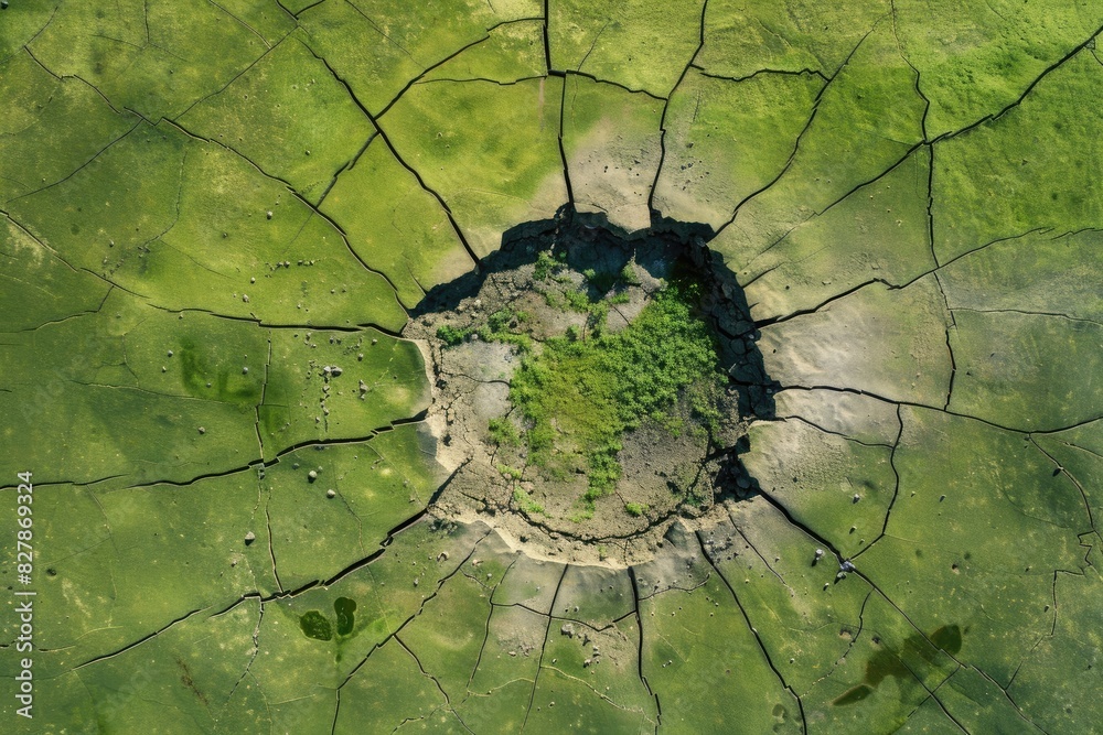 Aerial view of a collapsed area with radial cracks due to a strong ...