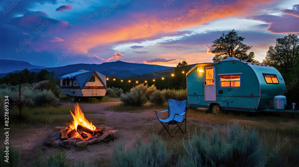 Blue travel trailer RV caravan camper motorhome parked in sunset forest ...