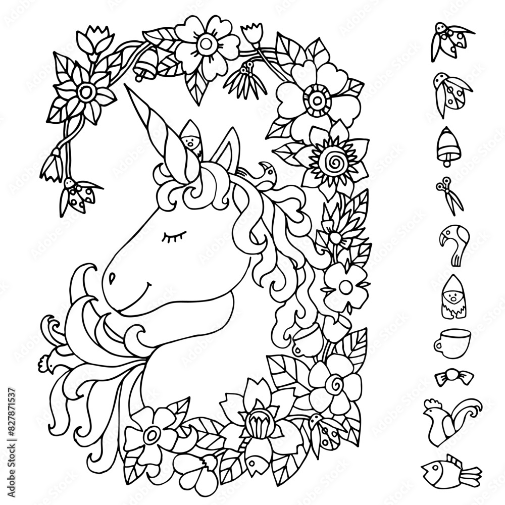 Unicorn with flowers and leaves frame. Find and color hidden objects ...