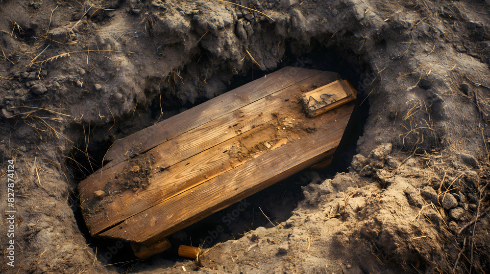 Top above view of wooden coffin casket buried in the hole in the ground ... Top above view of wooden coffin casket buried in the hole in the ground ...