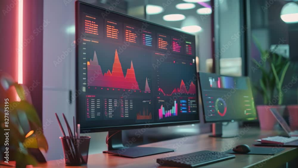 A computer monitor displaying graphs and charts sits on top of a wooden ...