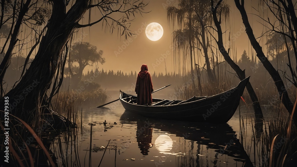 Person in a red cloak stands on a boat in a mystical, moonlit swamp ...