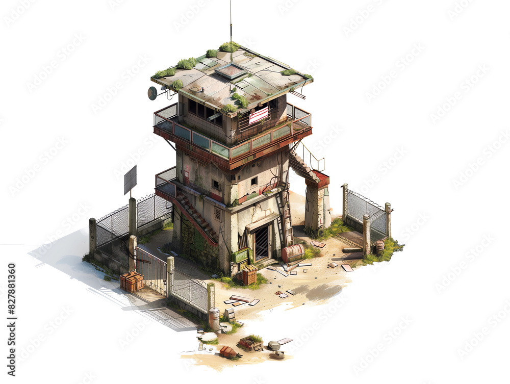 Digital art of a dilapidated guard tower with an overgrown roof ...